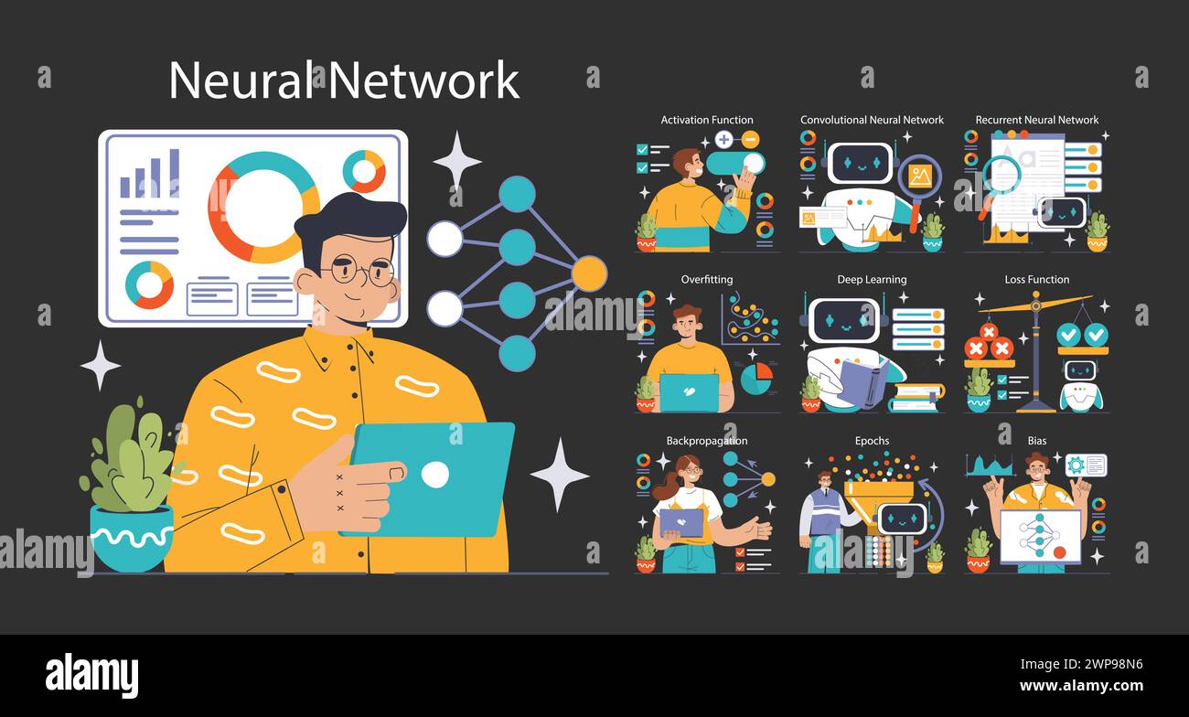 Neural Network dark or night mode set. Machine learning key concepts ... Neural Network dark or night mode set. Machine learning key concepts ...