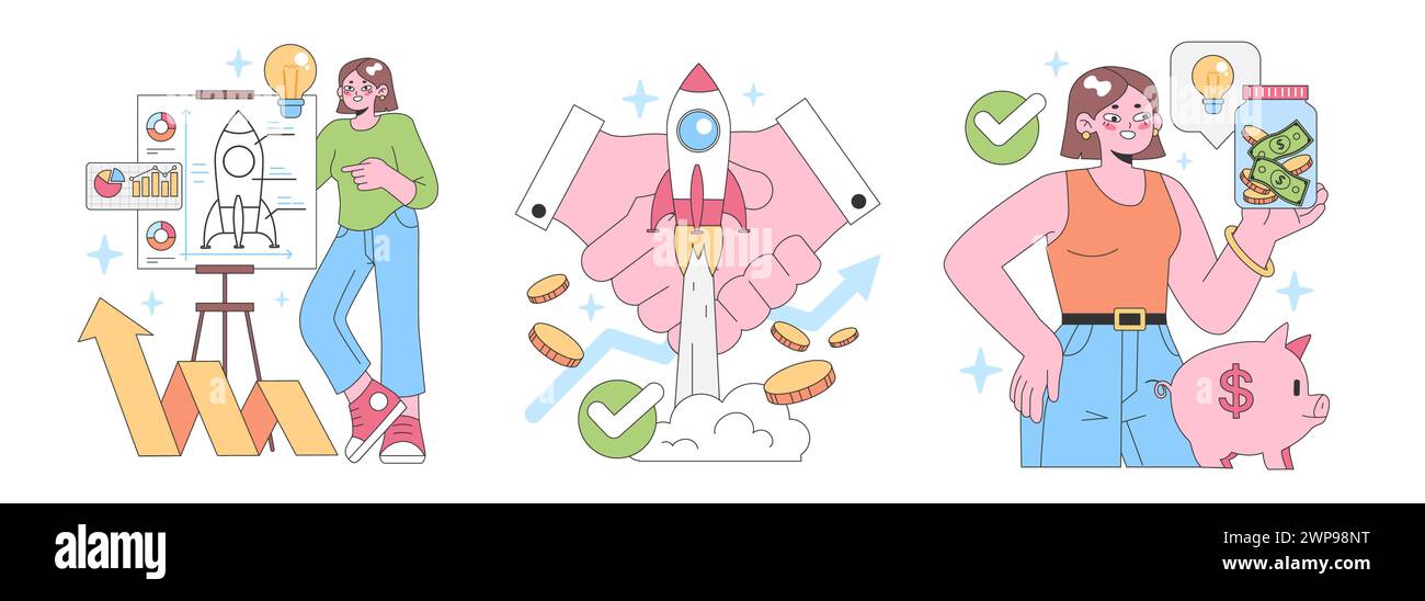 Growth journey set. Woman visualizing business boost, rocket launch ... Growth journey set. Woman visualizing business boost, rocket launch ...