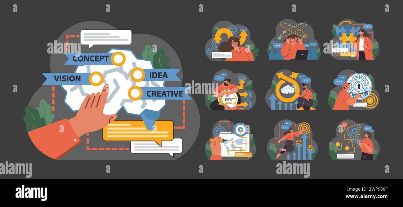 Creative Thinking set. Nurturing unique ideas, brainstorming sessions ...