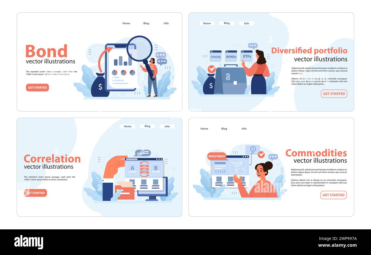 Financial concepts set. Investors analyze bonds, construct diversified ... Financial concepts set. Investors analyze bonds, construct diversified ...