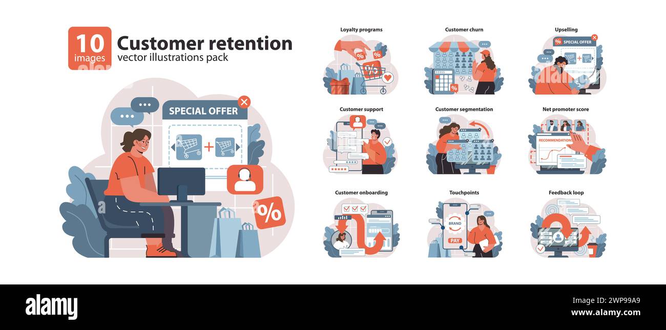 Customer retention set. Strategies boosting client loyalty, from ...