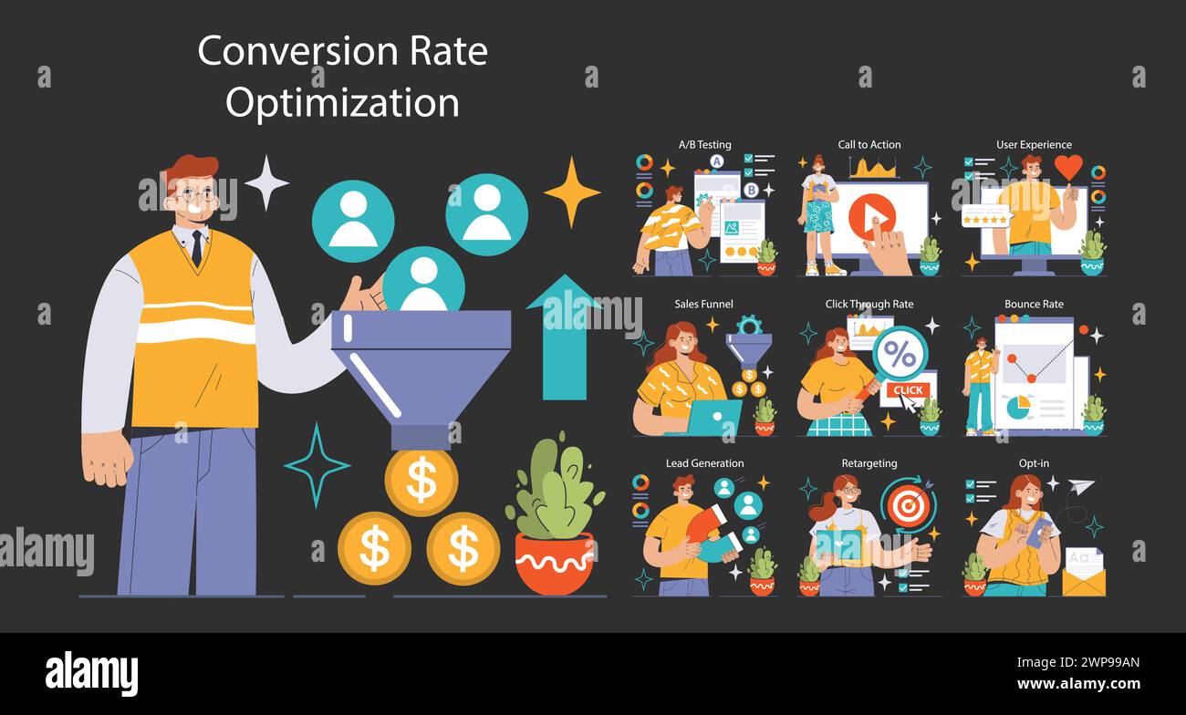 Conversion Rate Optimization set. Experts analyzing website performance ...