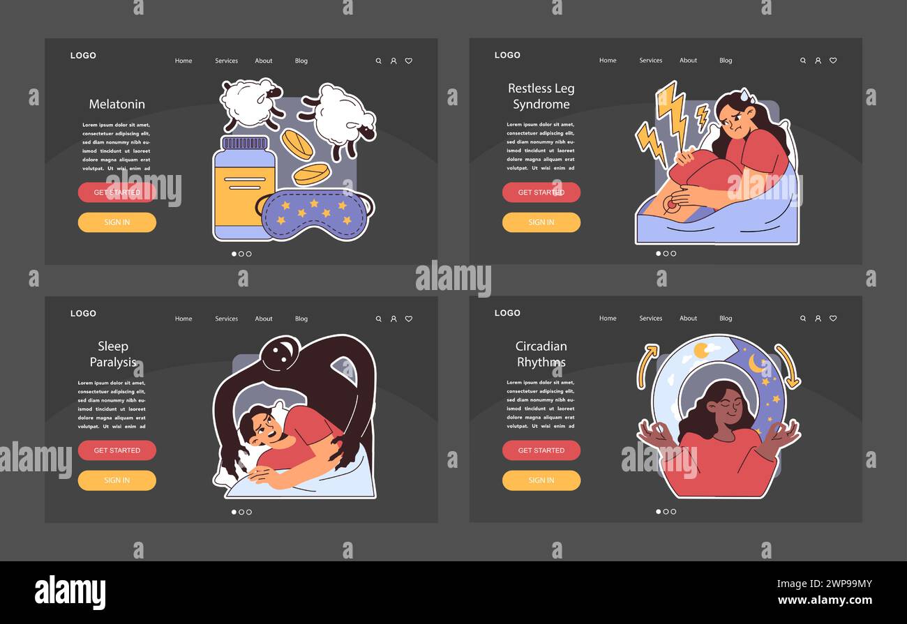 Insomnia dark or night mode web, landing set. Diverse characters ...