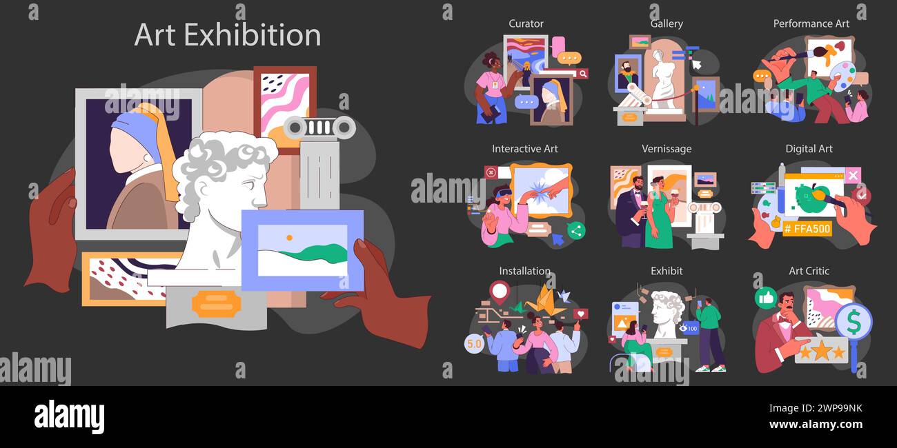 Museum or art gallery exhibition dark or night mode set. Visitors ...