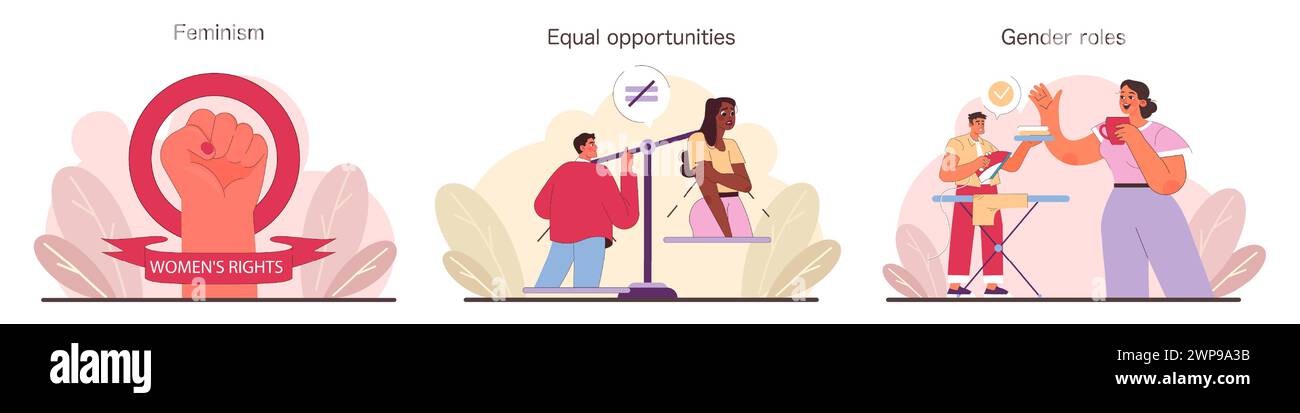 A confident woman showcases various scenes of empowerment, from gender ...