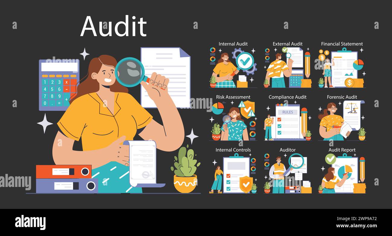 Audit set. Professionals evaluating financial records. Internal and ... Audit set. Professionals evaluating financial records. Internal and ...