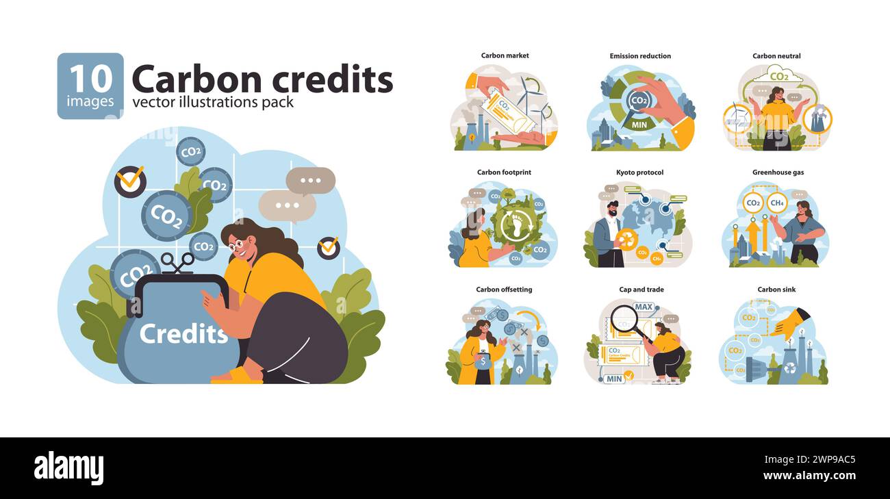 Carbon credits set. Professionals managing CO2 emissions. Emission ...