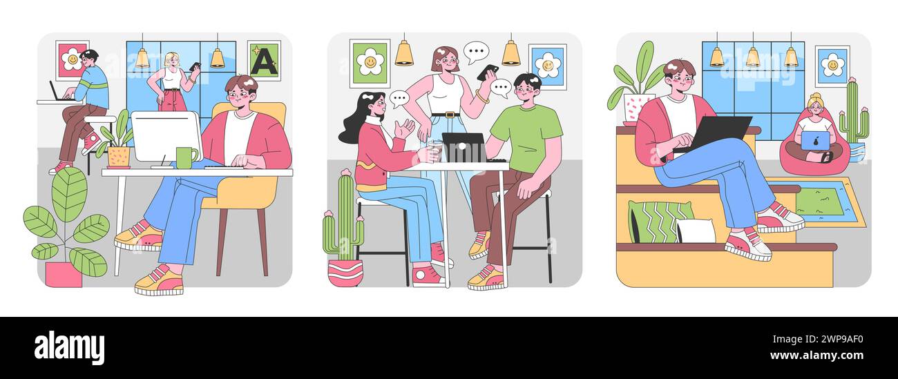 Modern workspace set. Vibrant professionals collaborating, discussing ...