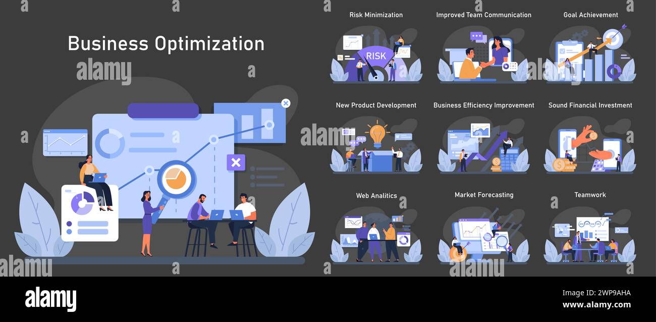 Business Optimization Set. Diverse professionals analyze data, mitigate ... Business Optimization Set. Diverse professionals analyze data, mitigate ...