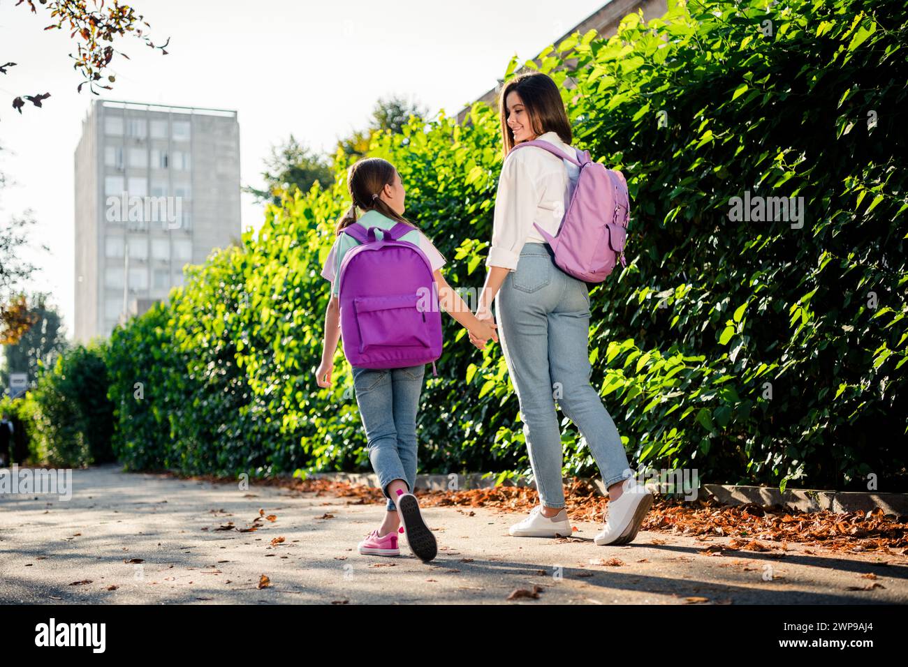Full body rear behind photo of two charming sisters carry rucksack hold ...