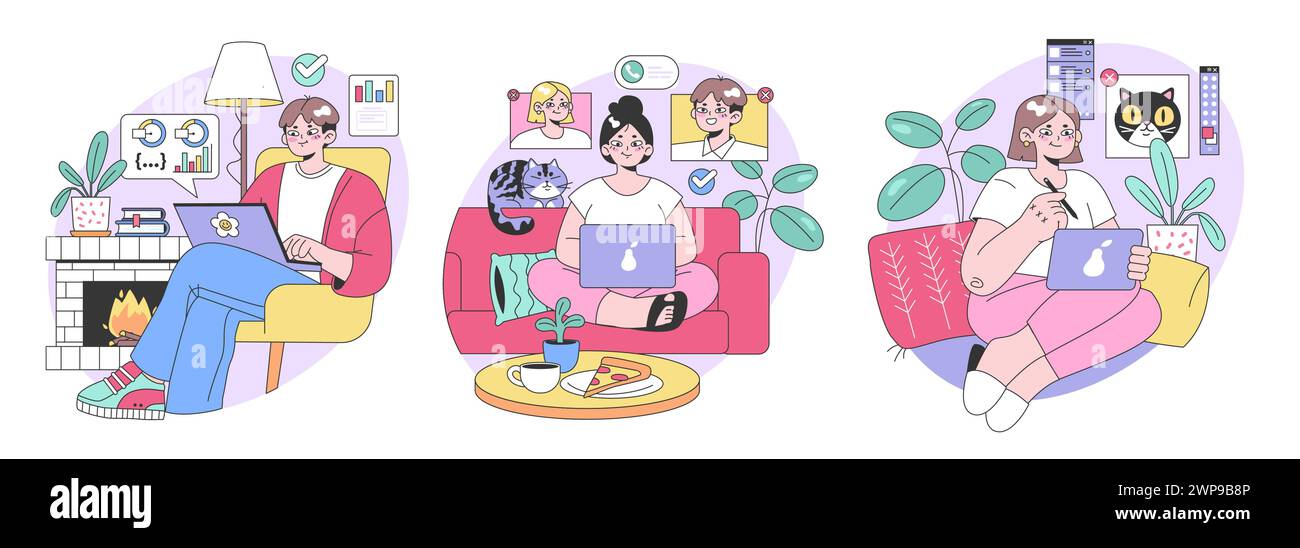 Remote Work set. Professionals in cozy home offices. Video calls, charts analysis, digital tasks ...