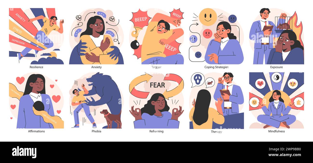 Overcoming fears set. Characters confronting fears with desensitization ...