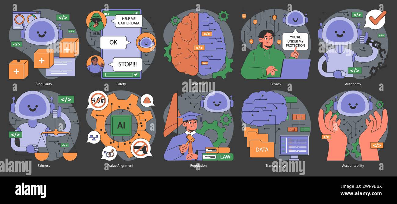 AI ethics dark or night mode set. Artificial intelligence alignment and ...