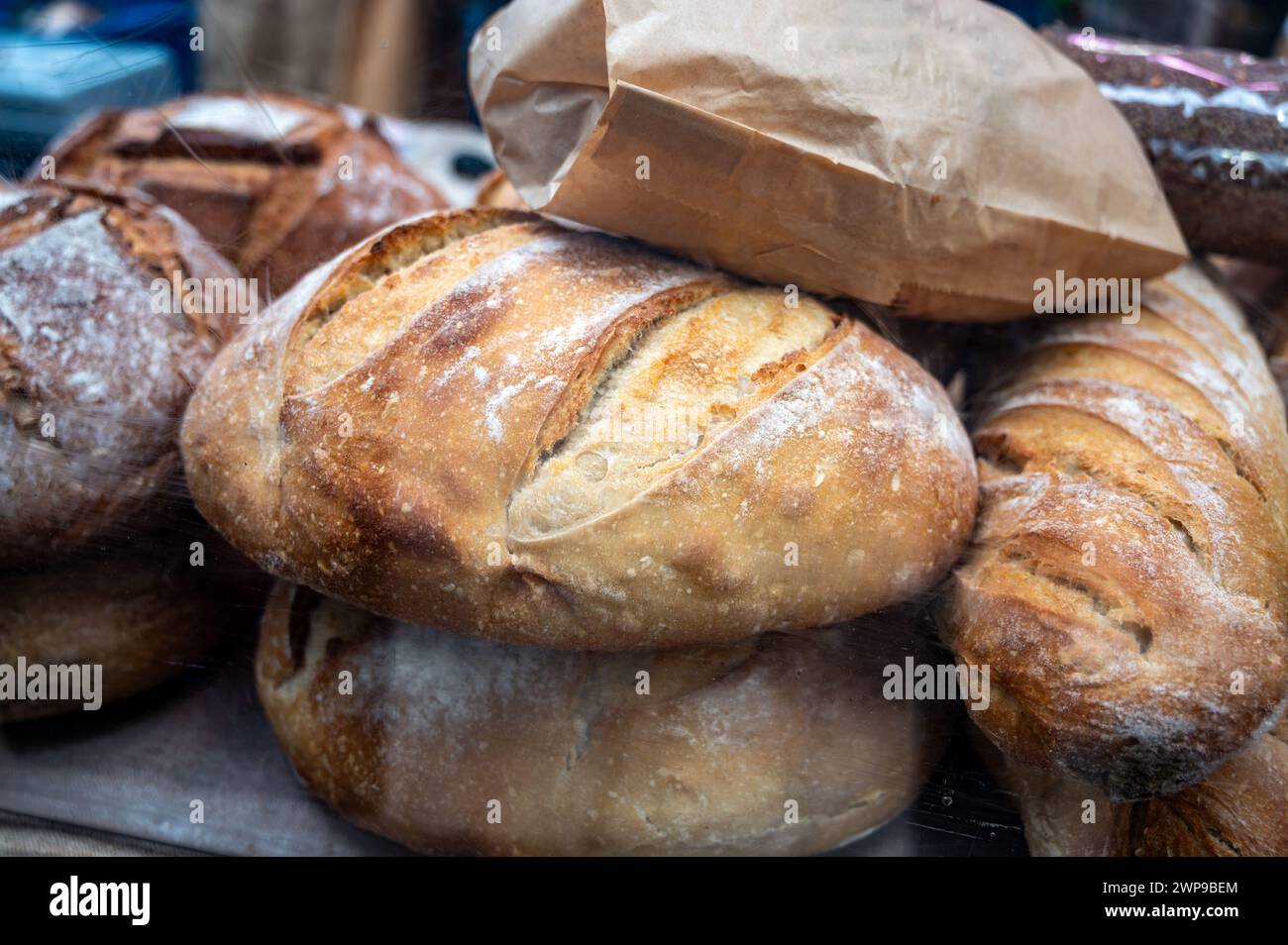 Sour dough bio bread made with natural yeast starter and baked in wood ...