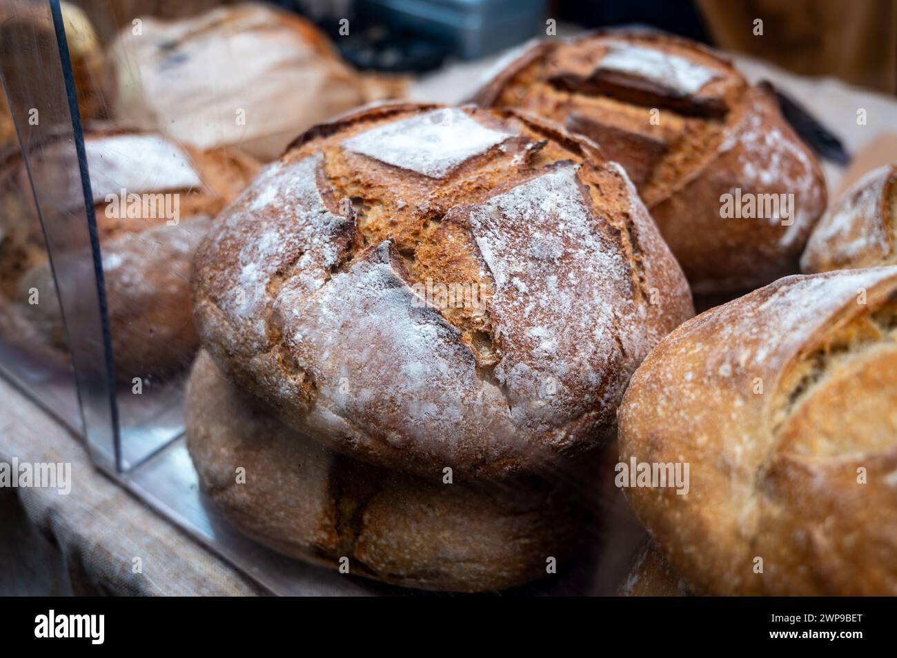 Sour dough bio bread made with natural yeast starter and baked in wood ...