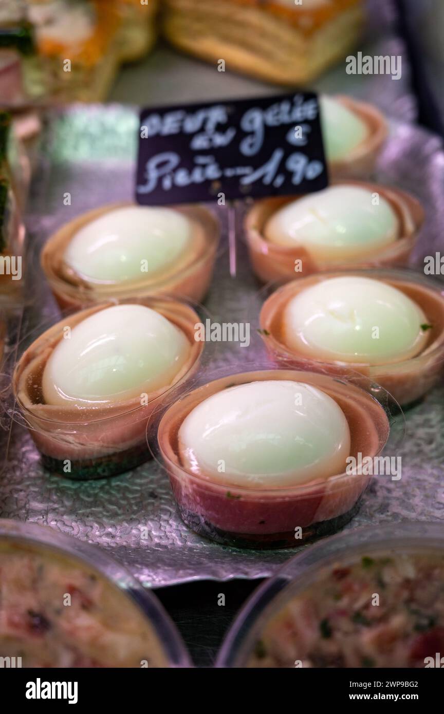 Assortment of meat on weekly food market in France, English translation ...