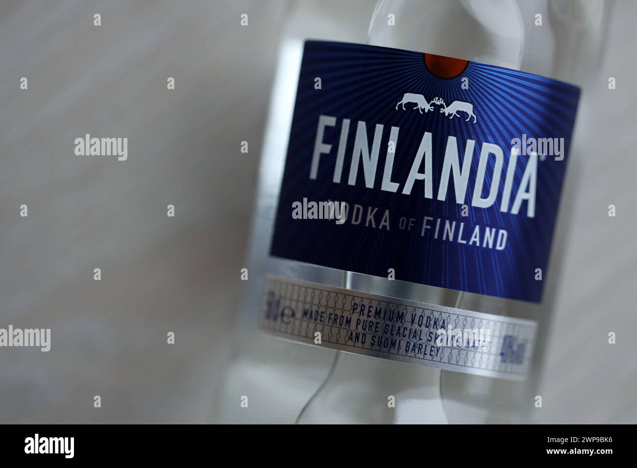 KYIV, UKRAINE - FEBRUARY 27, 2024 Bottle of famous Finlandia vodka ...