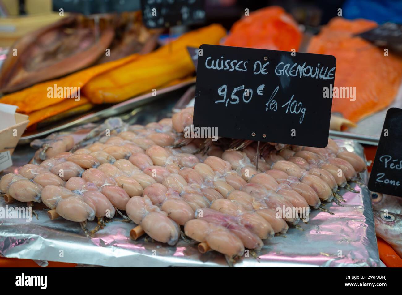 Assortment of meat on weekly food market in France, English translation ...