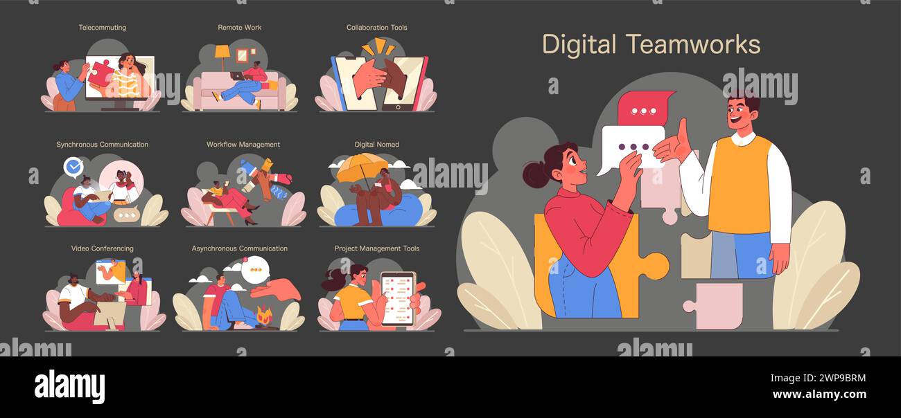 Digital Teamworks concept. Diverse virtual collaboration and management ...