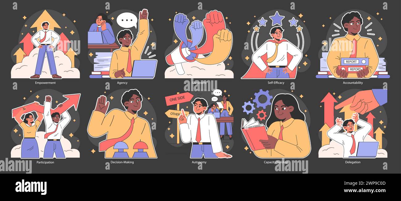 Empowerment dark or night mode set. Confident office employees, inclusive team collaboration ...