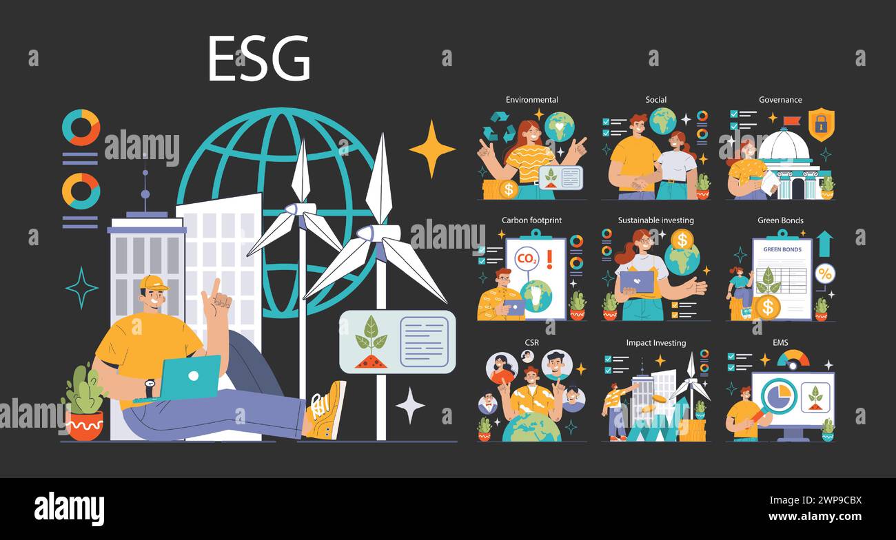 ESG dark or night mode set. Exploring environmental, social, governance ...