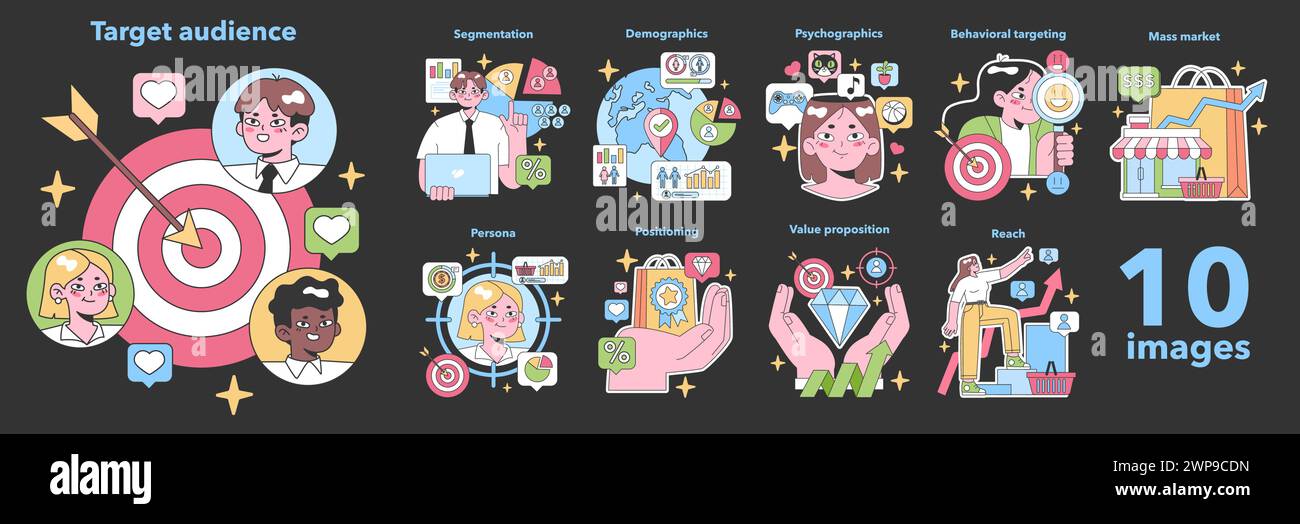 Marketing Strategies set. Engaging visuals for target audience analysis ...
