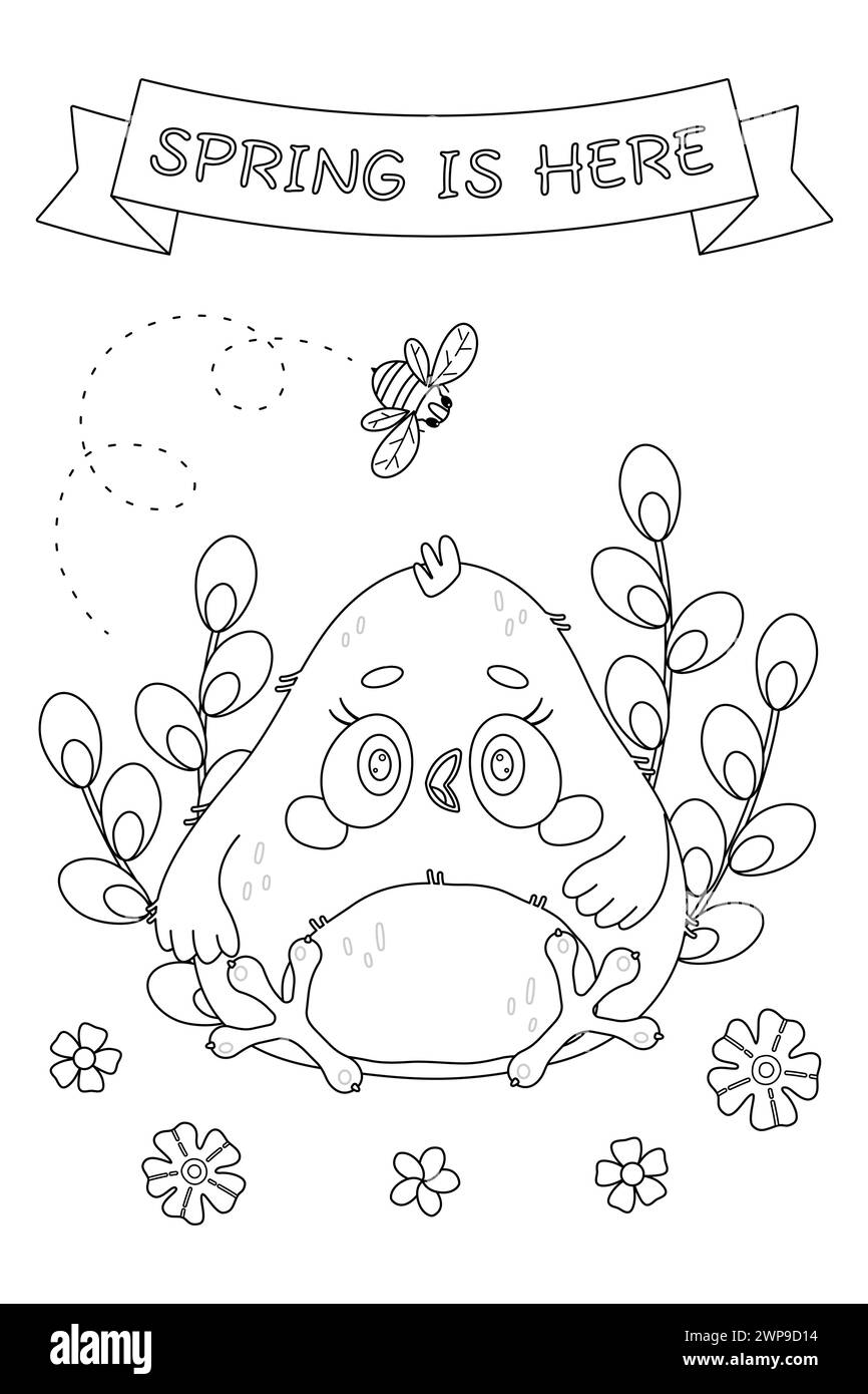 Chicken hand drawn cute cartoon Coloring Page small chick. Outline ...