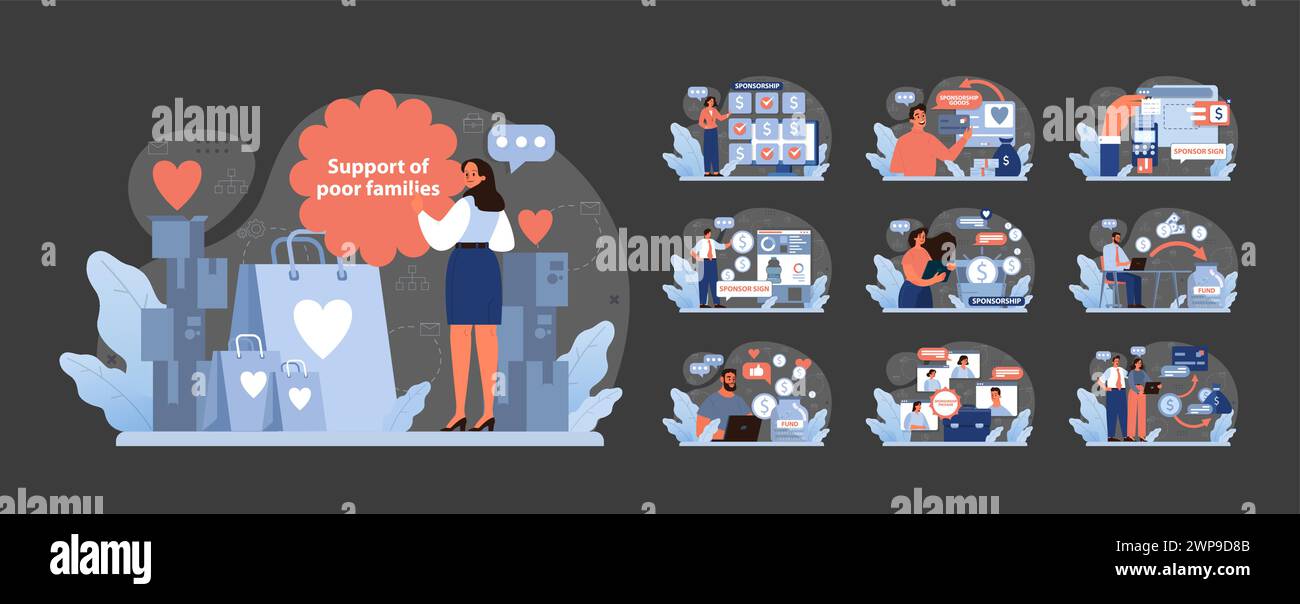 Charity Support Set. Aid to struggling families, digital fundraising ...