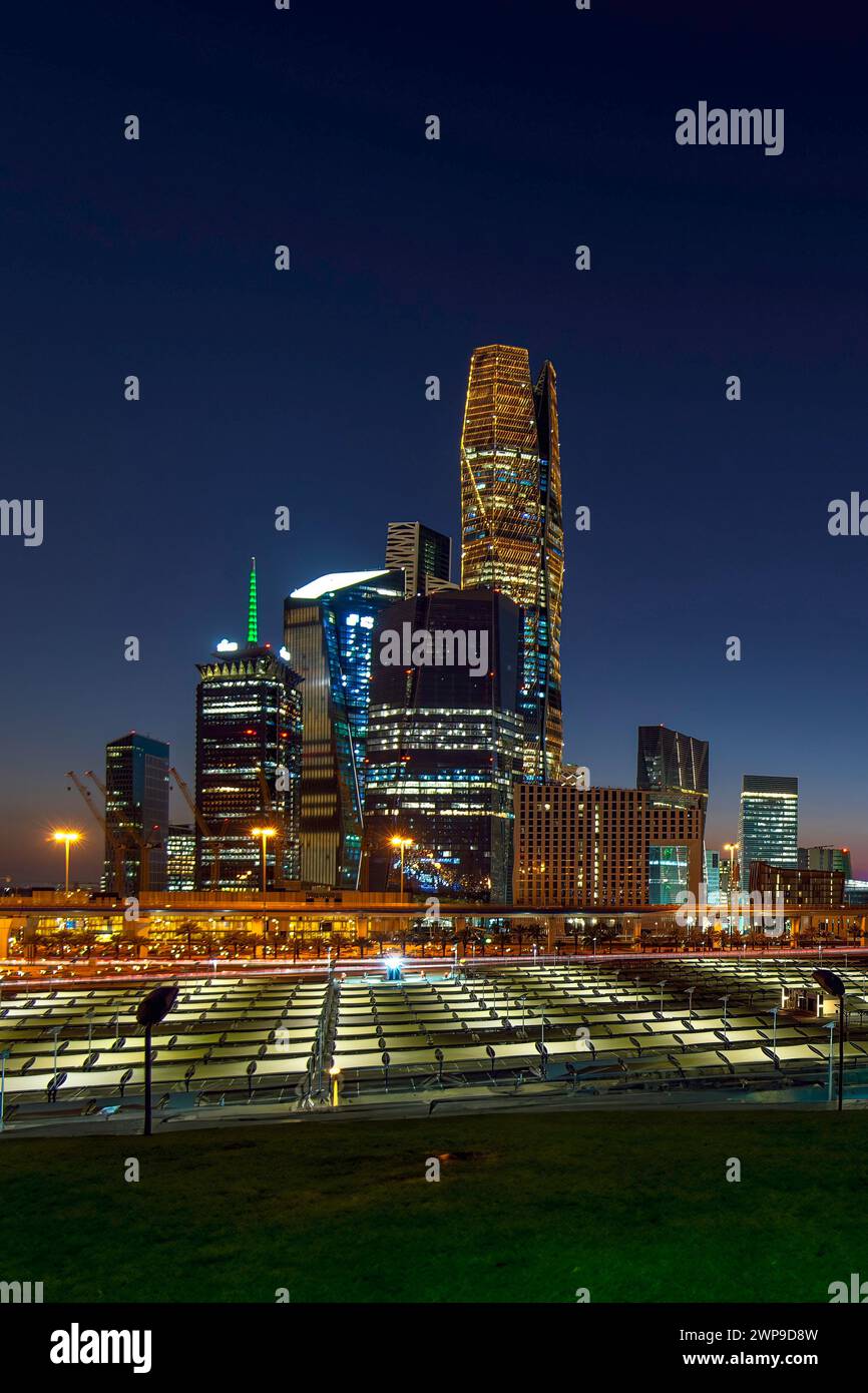 Beautiful New Riyadh Skyline after sunset. Riyadh city towers in KAFD ...