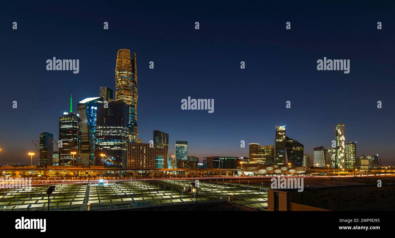 Beautiful New Riyadh Skyline after sunset. Riyadh city towers in KAFD ...