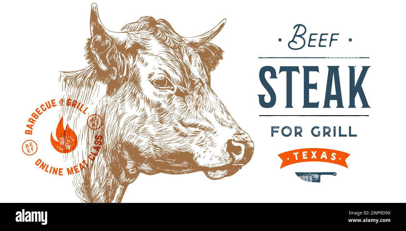 Cow, bull, beef head, meat tag label. Template Meat Tag Label. Vintage ...