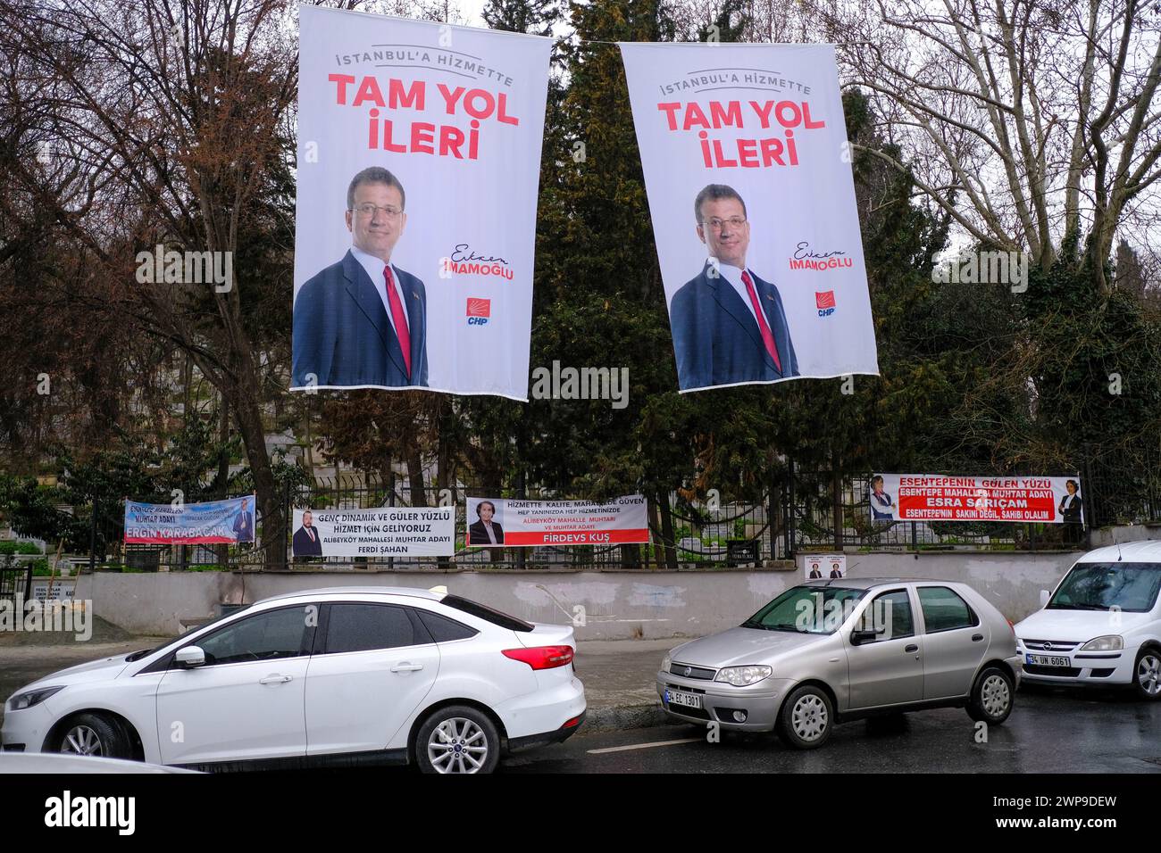 Stanbul, Turkey. 5th Mar, 2024. Election posters of the mayor and candidate for re-election ...