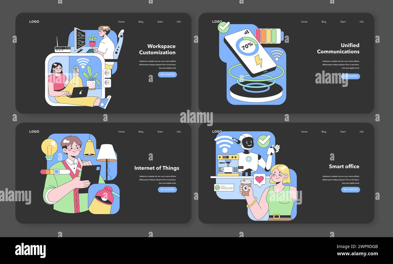 Modern Tech Concepts set. Professionals enhancing digital workspaces ...