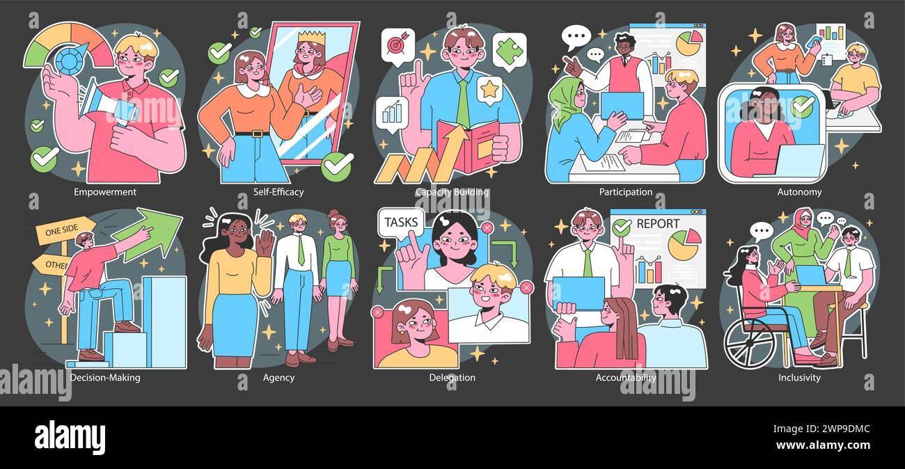 Empowerment dark or night mode set. Confident office employees ...