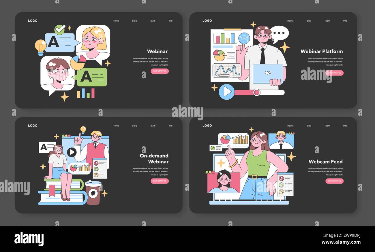 Webinar collection set. Enthusiastic professionals engaging in online presentations, discussions ...