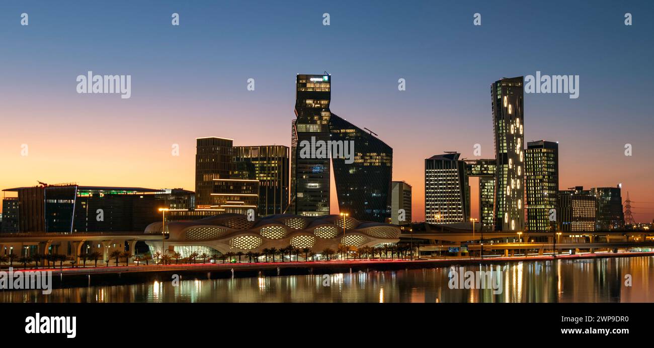 Beautiful New Riyadh Skyline after sunset. Riyadh city towers in KAFD ...