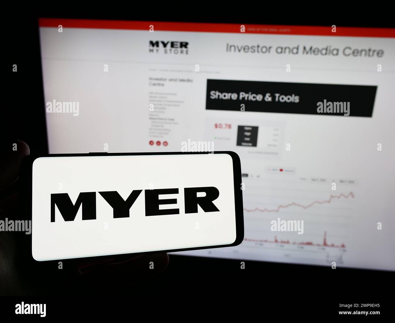 Person holding mobile phone with logo of Australian retail company Myer ...