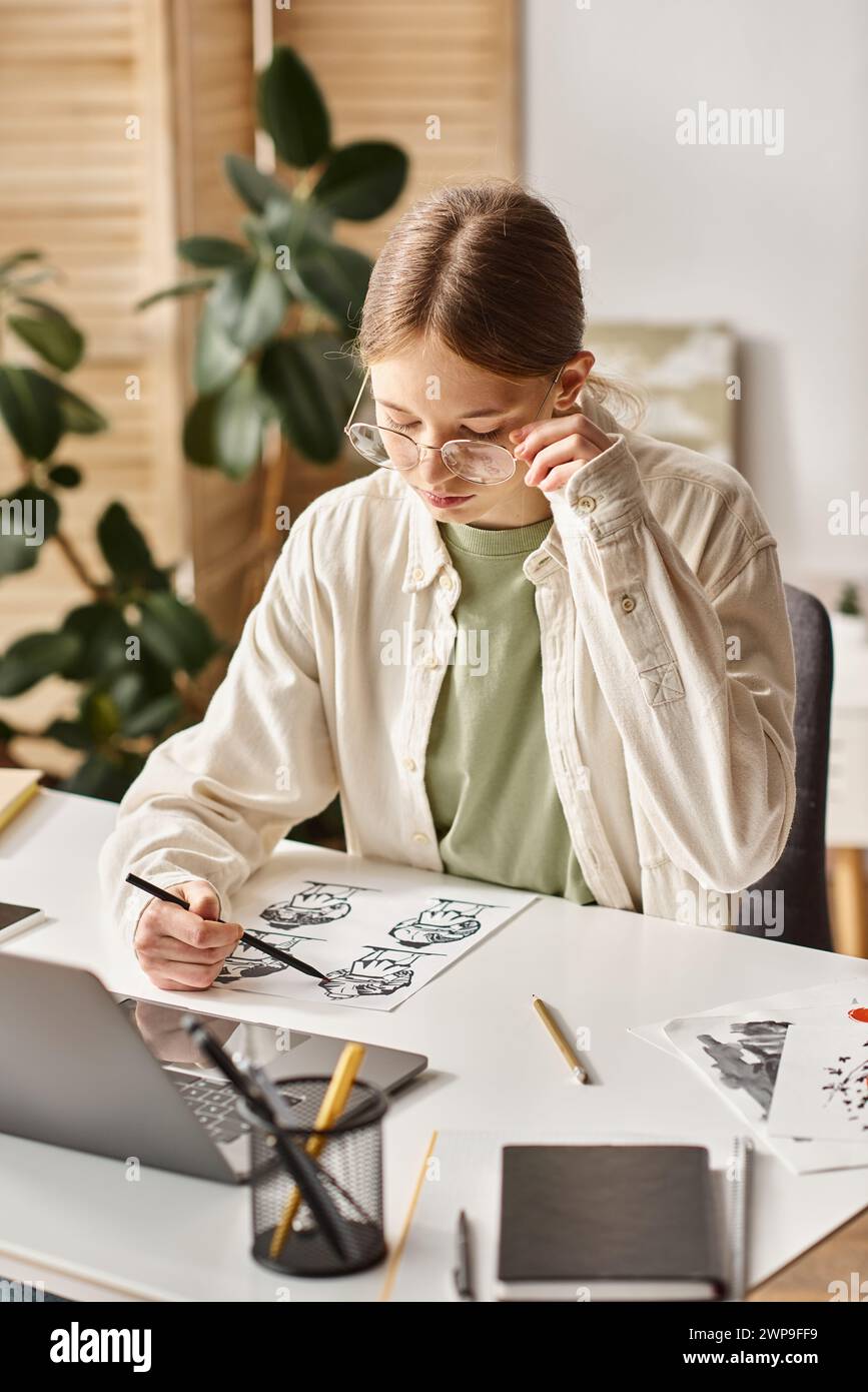 young teenager drawing with pencil near laptop at home, e-learning and ...