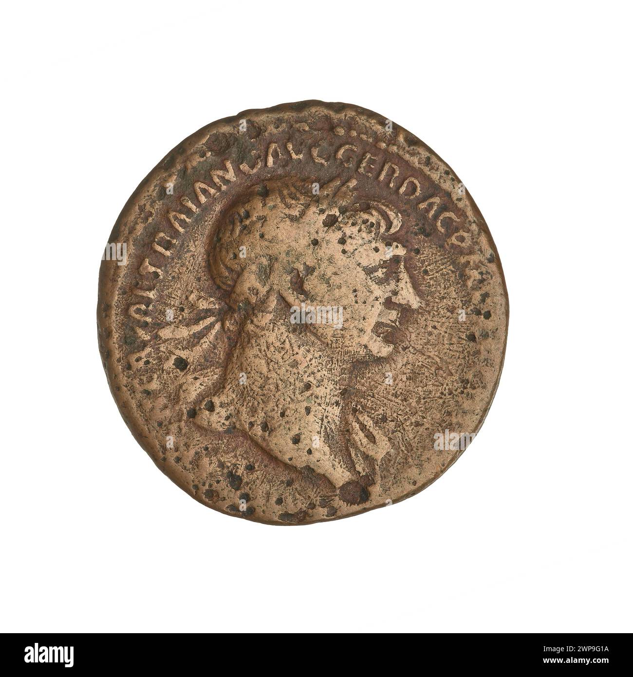 A Roman AS coin from 104-111 depicting Trajan, featuring heads, banners ...