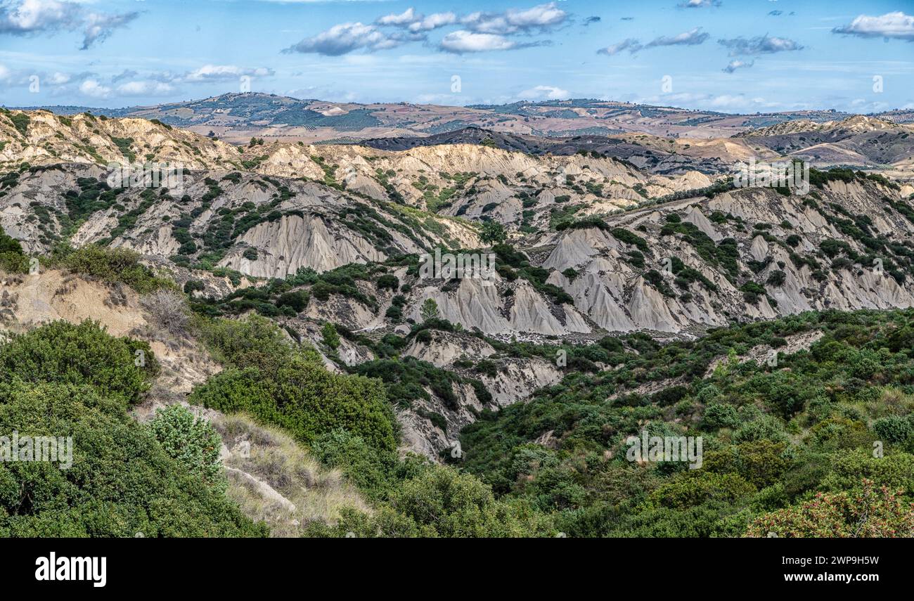 Aliano badlands (calanchi), landscape made of clay sculptures eroded by ...