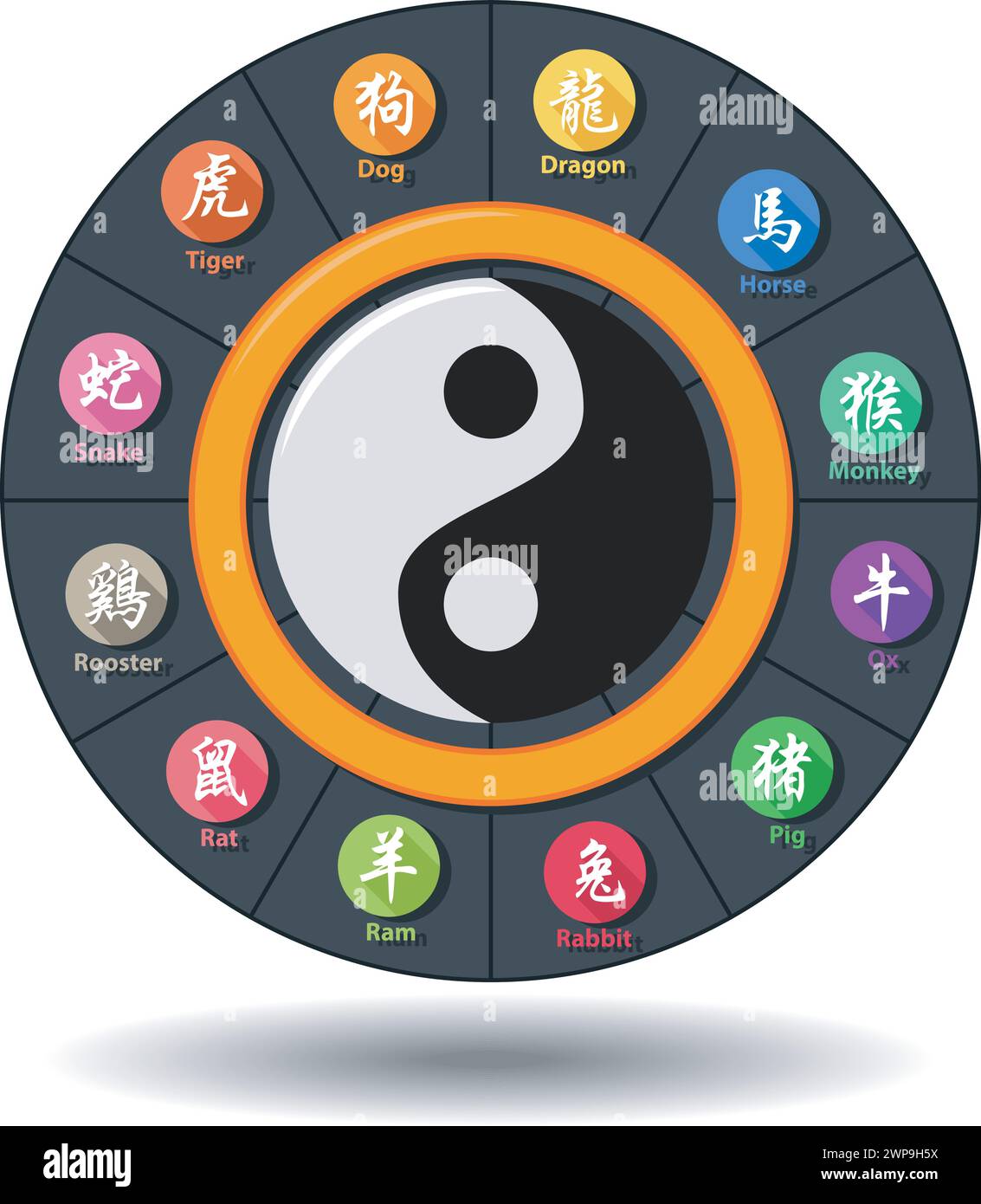 Chinese Calligraphy Zodiac Flat Design rectangle, Vector Illustration ...