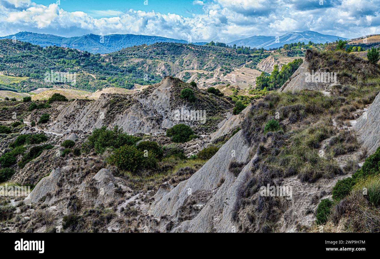 Aliano badlands (calanchi), landscape made of clay sculptures eroded by ...