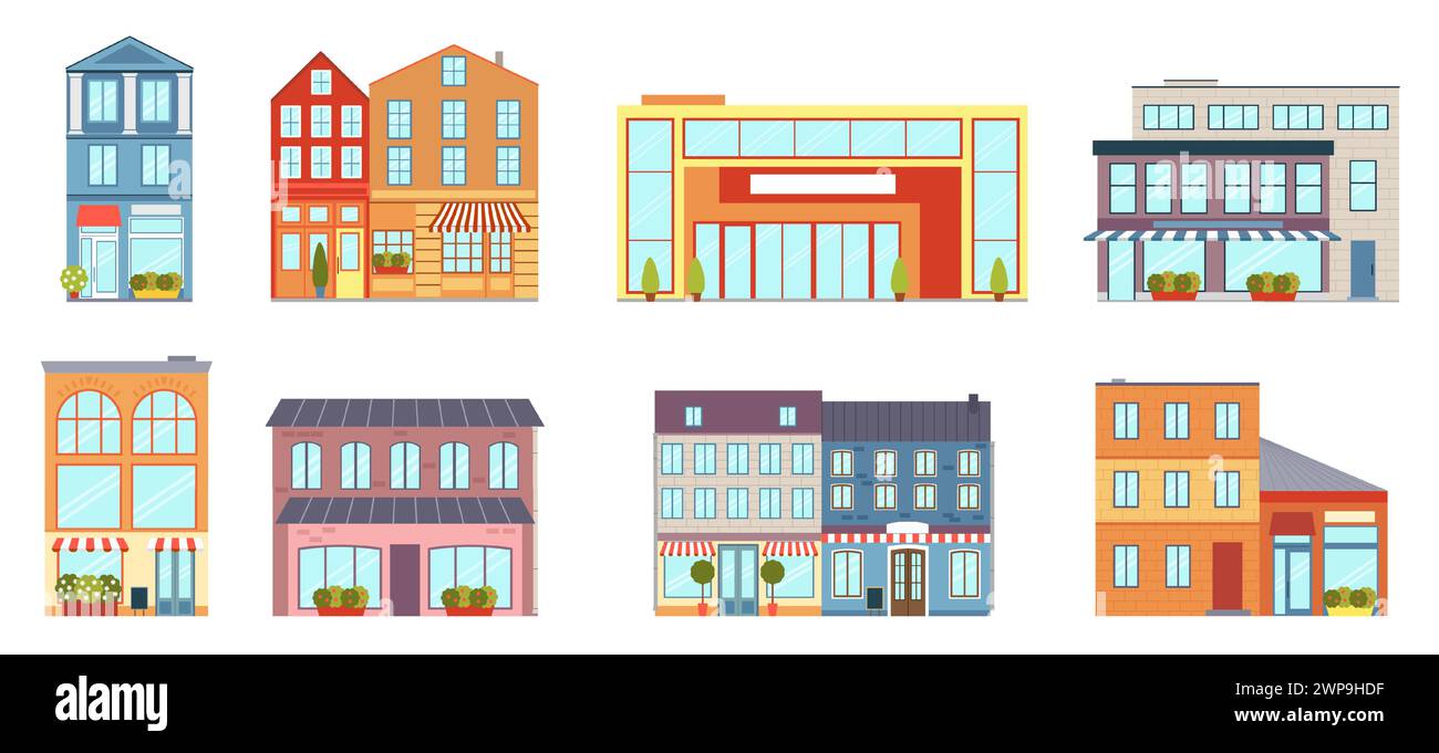 City buildings. House, business office icons, modern color cafe ...