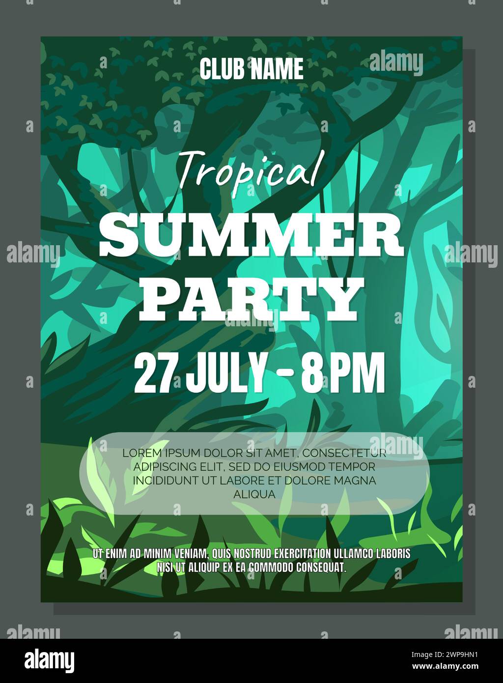 Summer jungle party. Tropical forest. Holiday event poster. Tree trunks ...