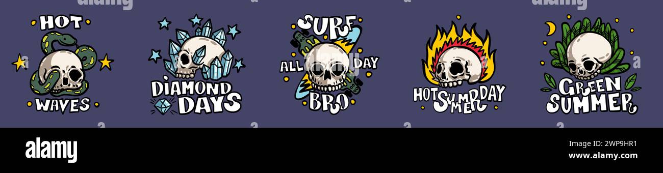Vintage skull. Skeleton surf beach design. Print for T-shirt. Summer ...