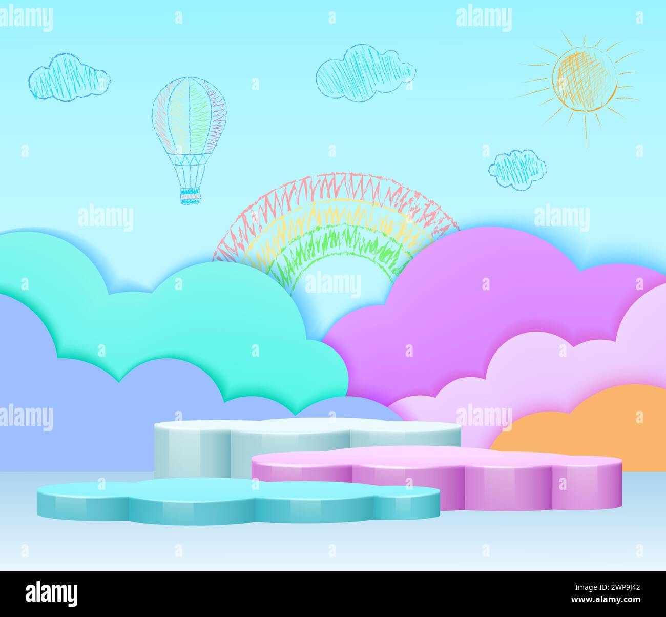 Baby background. Cute 3d pastel children toys with clouds and rainbow ...