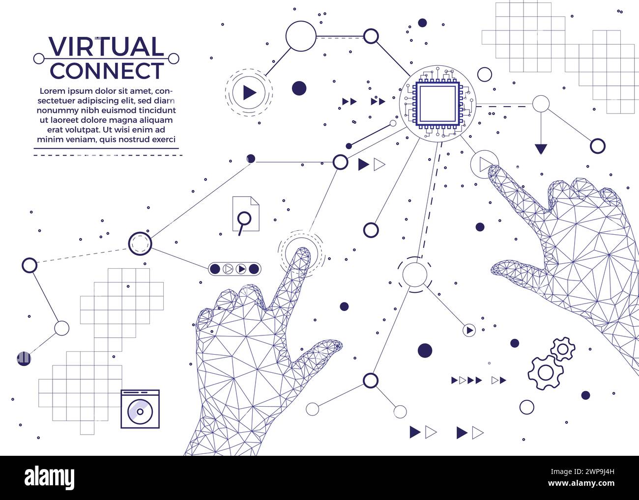 Virtual connect. concept. Future robot hands. Internet business industry. Artificial line clouds ...