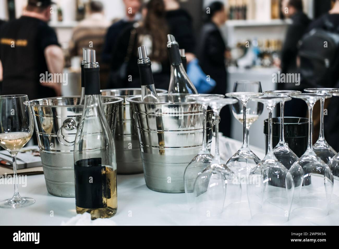 Wine Tasting Setup with Bottles and Glasses at Fair Stock Photo - Alamy