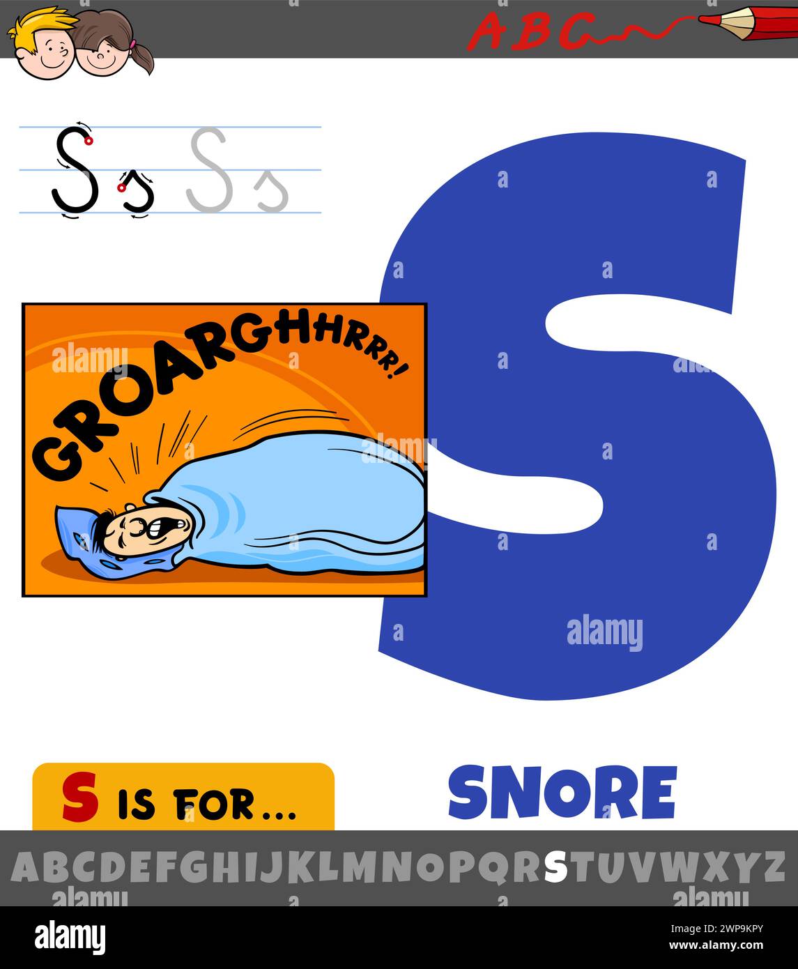 Educational cartoon illustration of letter S from alphabet with snore ...