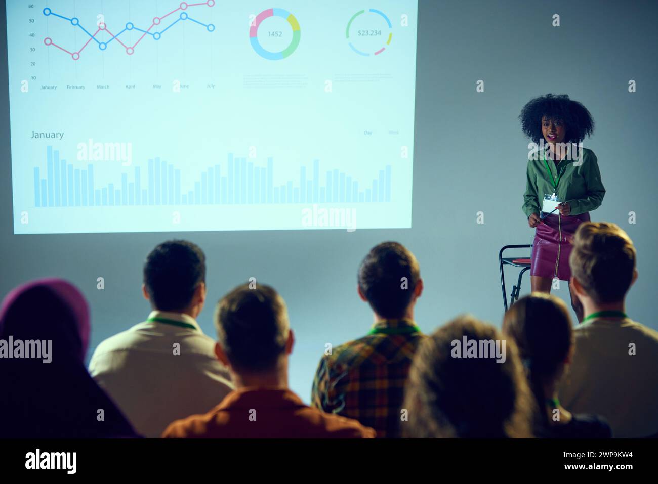 Confident African-American woman, expert with stands in front of ...